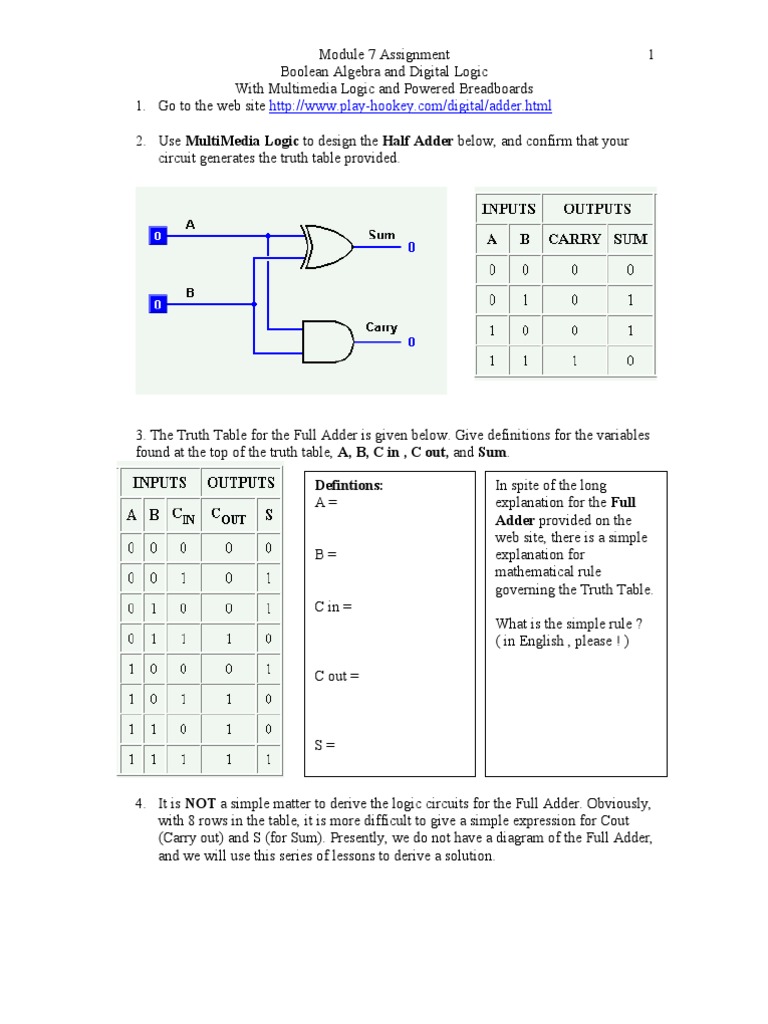 Developing the Half Adder and Full Adder | Boolean Algebra | Algebra