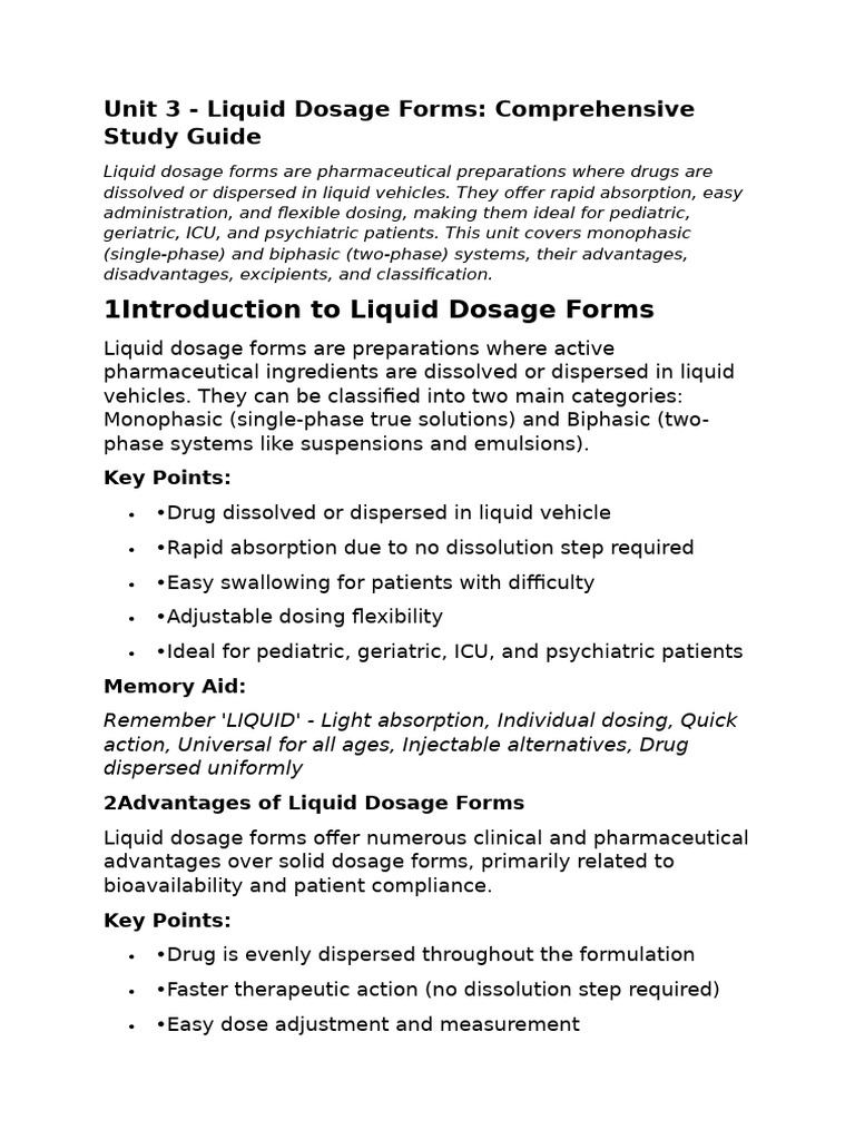 Liquid Dosage Forms Study Guide | PDF | Surfactant | Pharmaceutical ...