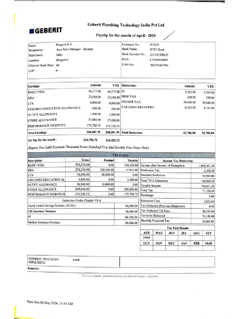 April 2024 Payslip Geberit | PDF