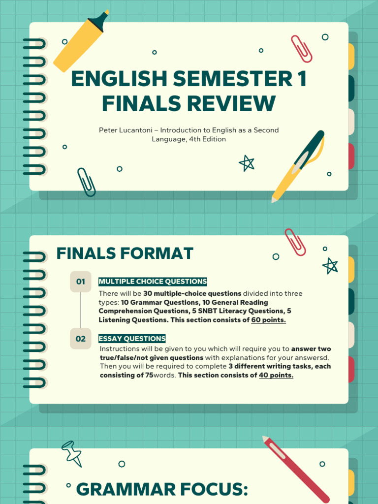 English Semester 1 Finals - Review | PDF | Clause | Perfect (Grammar)