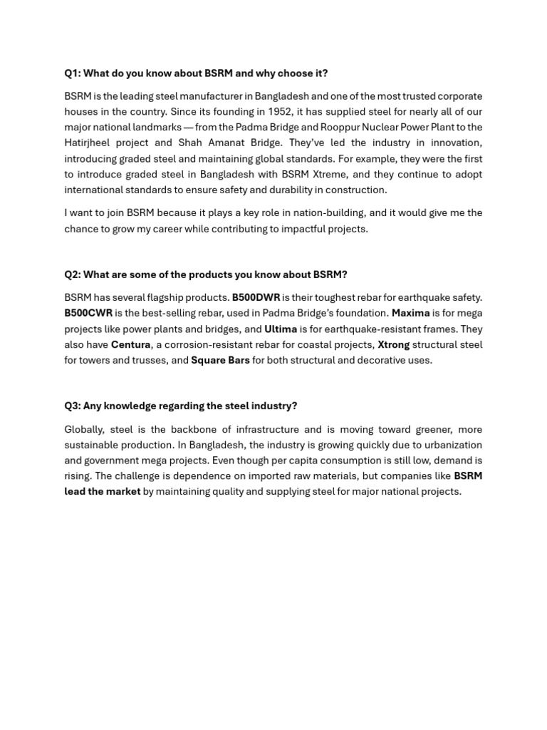 BSRM: Leading Steel Manufacturer in Bangladesh | PDF