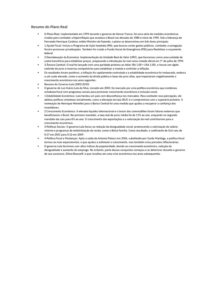 Resumo Do Plano Real | PDF | Macroeconomia | Economias