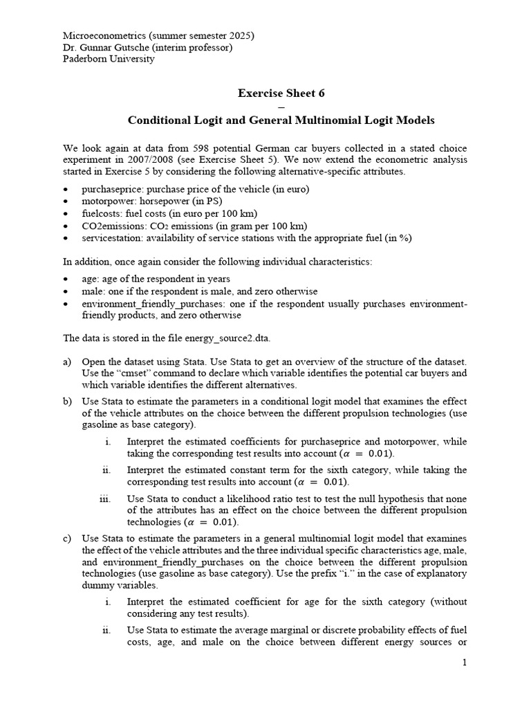 Exercise 6 - Conditional Logit and General Multinomial Models | PDF ...