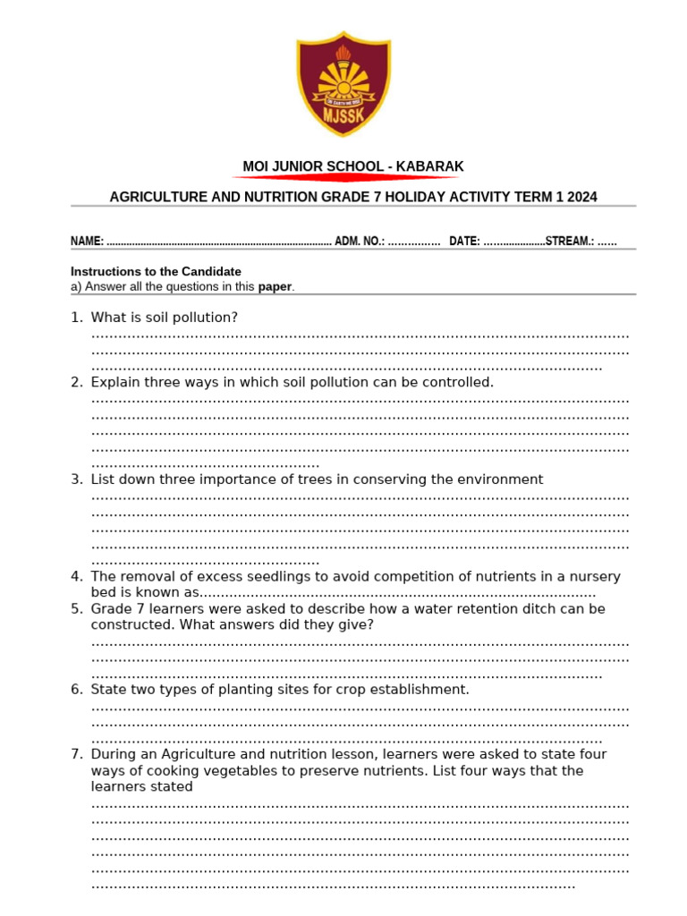 Grade 7 Agriculture Holiday Activity | PDF