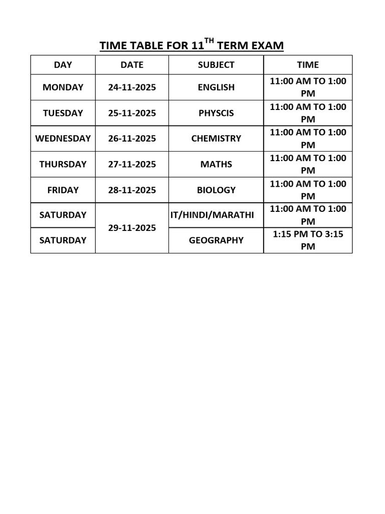11th Term Time Table-2025 | PDF