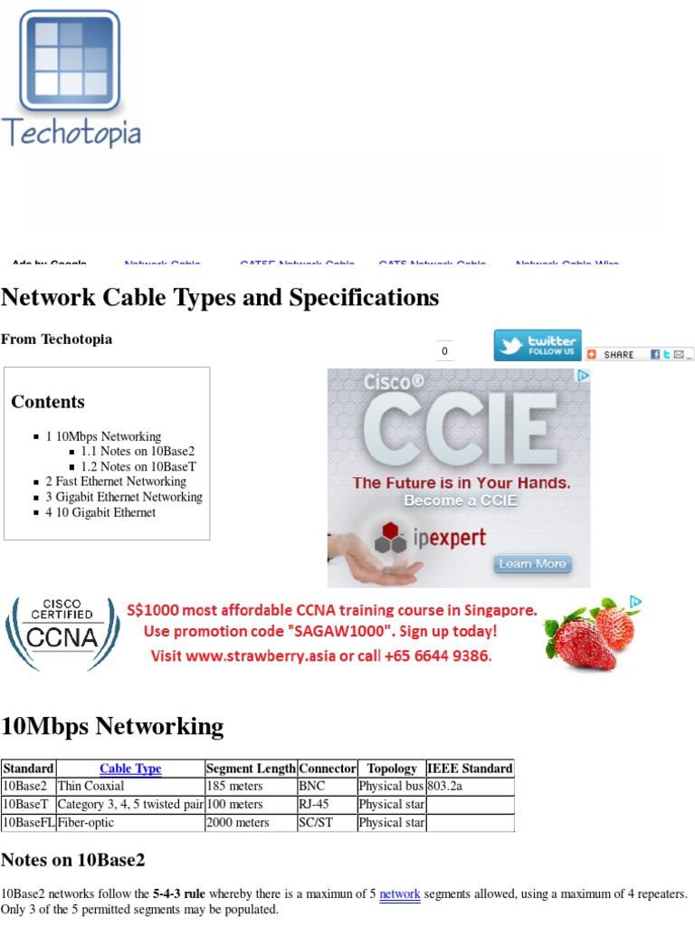 Network Cable Types and Specifications | PDF | Ethernet | Computer Network