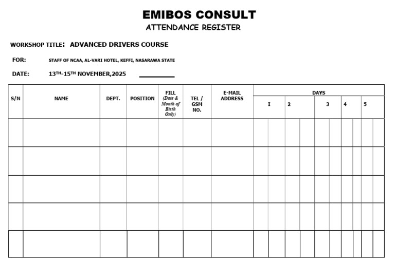 Advanced Drivers Course Attendance Register | PDF