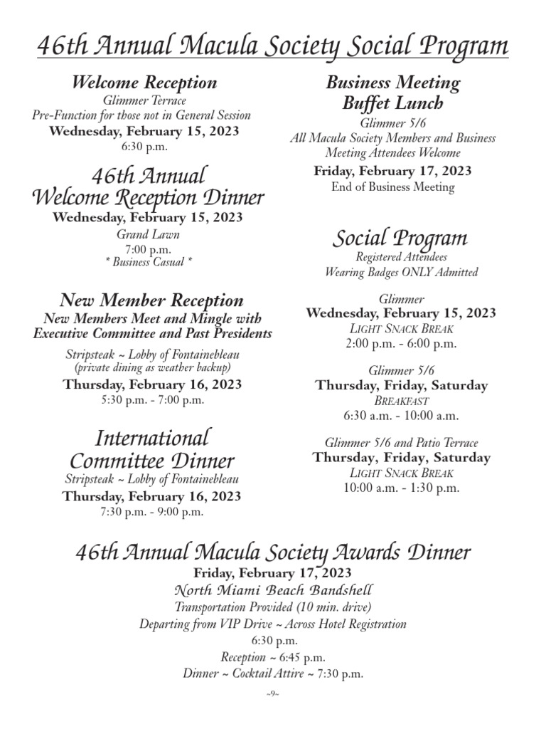 46th Macula Society Social Program | PDF | Meal | Eating Behaviors Of ...