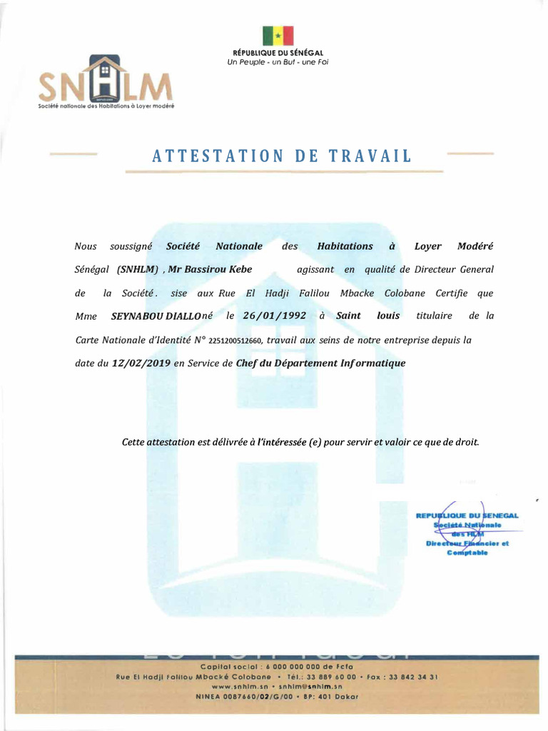 Attestation de travail SNHLM Sénégal | PDF