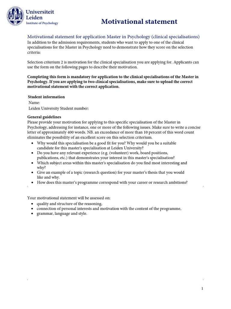 Master in Psychology Motivation Statement | PDF