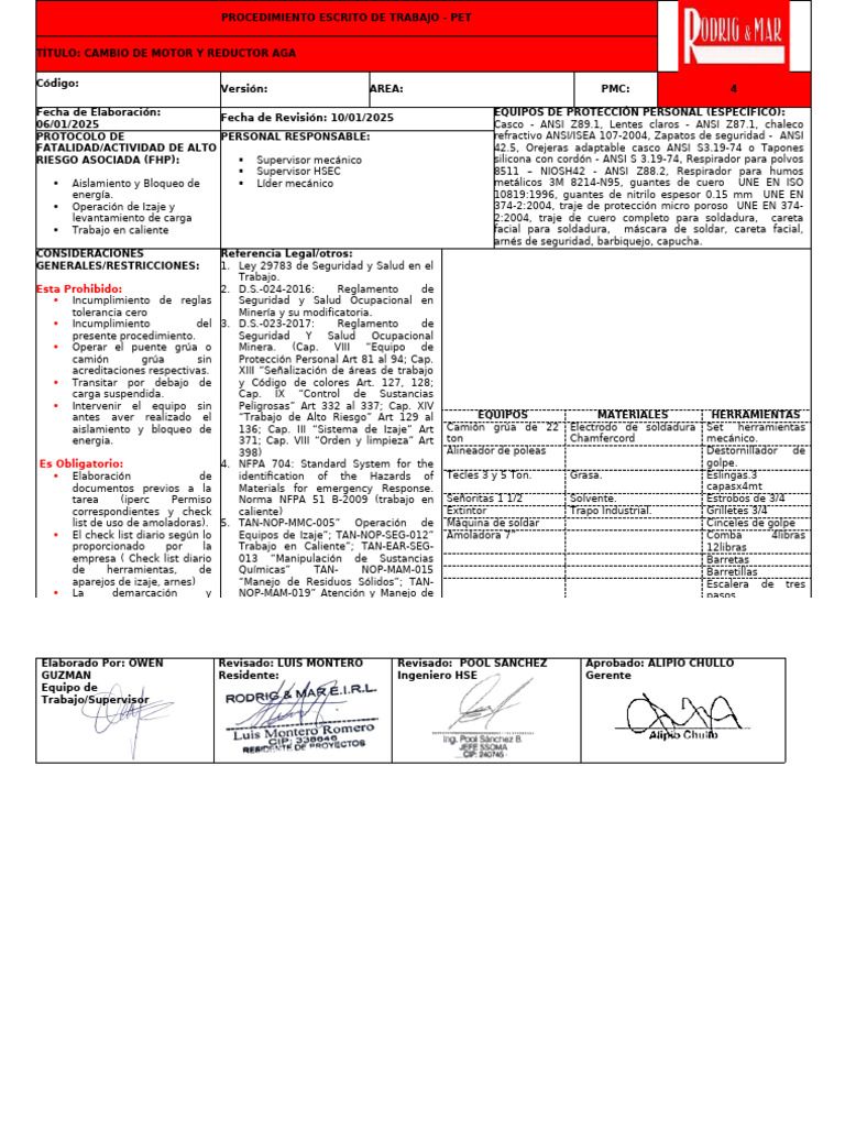 Pet-Rm-Ma-0515!23!003 Cambio de Motor y Reductor Aga | PDF | Seguridad ...