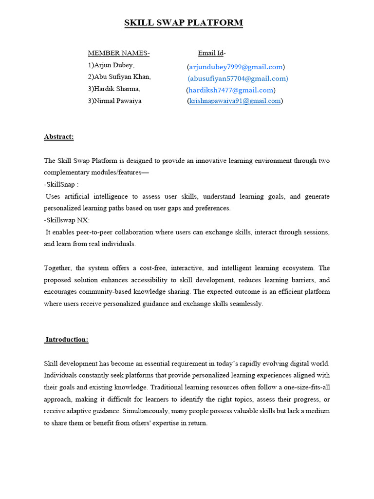 Skill Swap Platform: AI & Peer Learning | PDF | Learning | Artificial ...