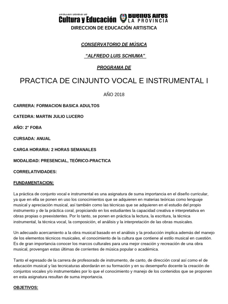 Programa Practica de Conj. Vocal e Instr. 1 2018 (Lucero) | PDF ...