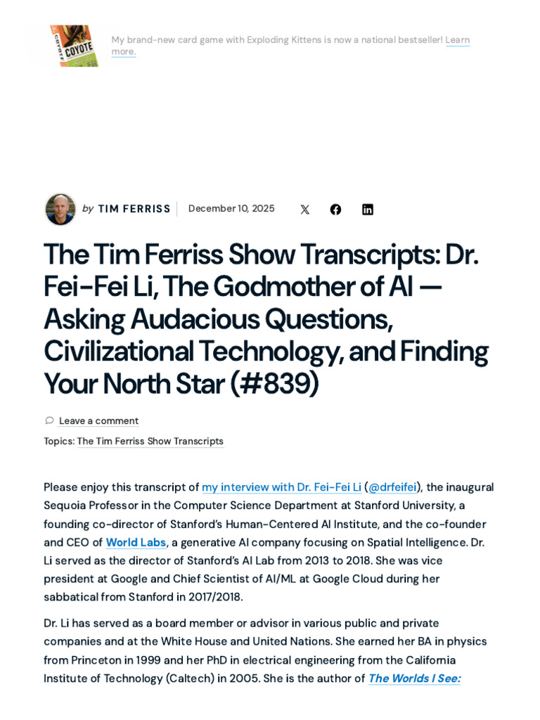 Dr. Fei-Fei Li The Godmother of AI Author Tim Ferriss | PDF ...