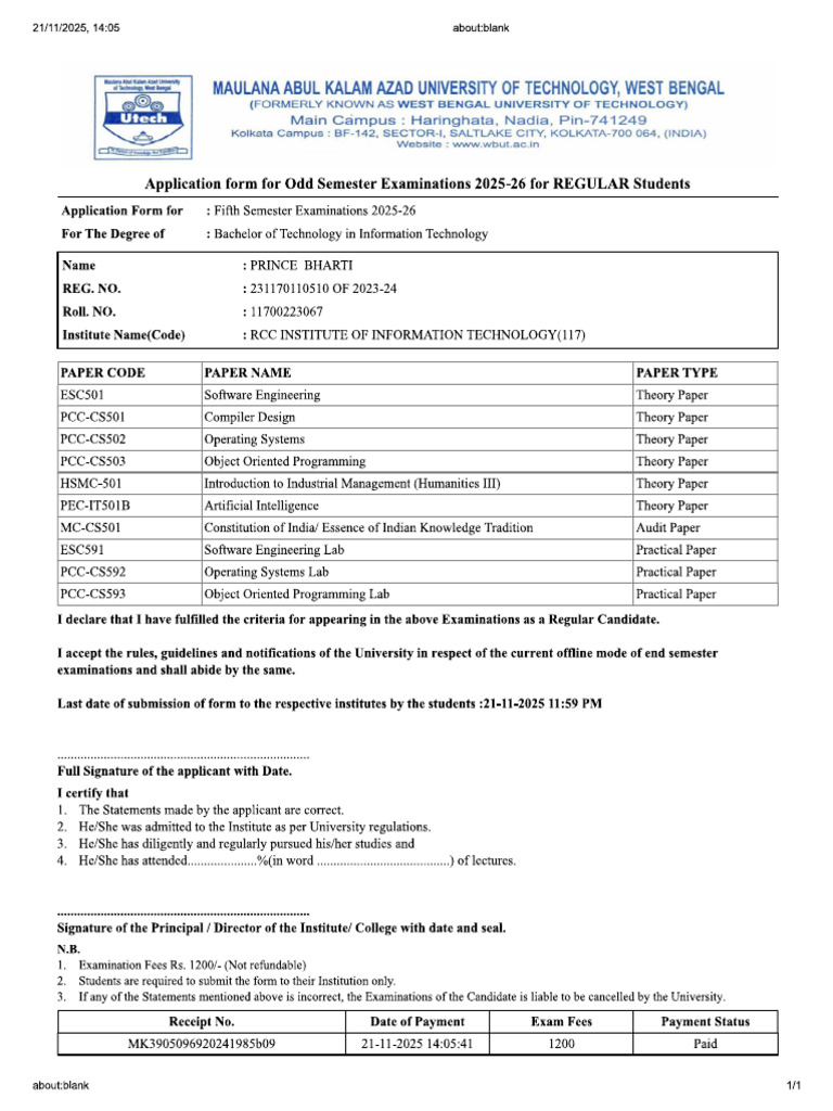 5th Sem Exm Form | PDF