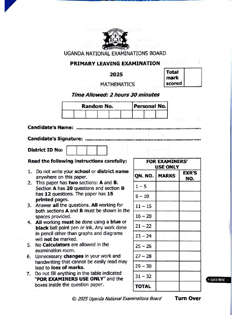 Uneb Ple 2025 Mathematics Paper | PDF
