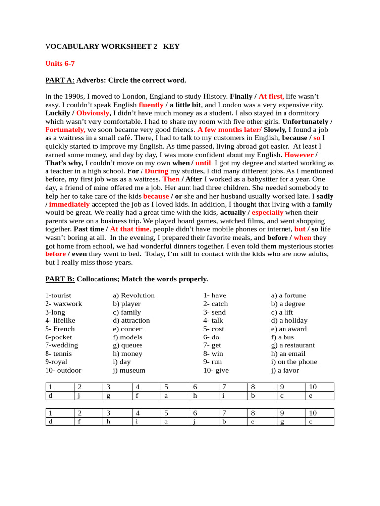 Vocabulary Worksheet Units 6-10 Key | PDF | English Language