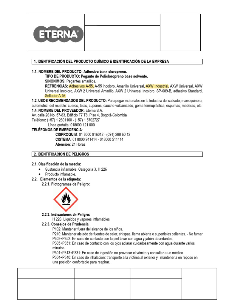 Hoja de Seguridad: Adhesivo Cloropreno | PDF | Agua | Solvente