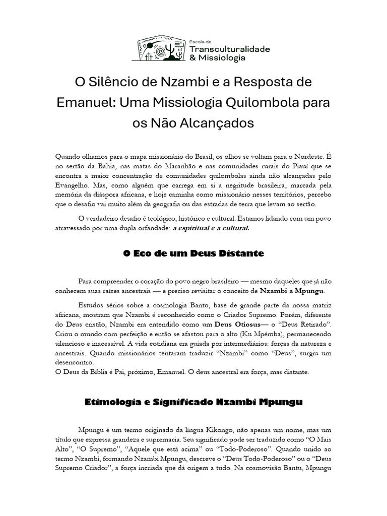 Missiologia Quilombola e o Silêncio de Nzambi | PDF | Deus ...