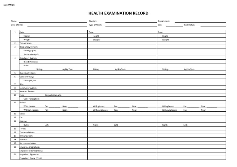Cs Form 86 Health Examination Record | PDF | Medical Specialties