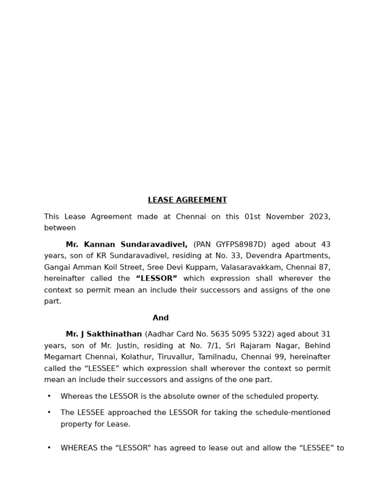Final Rental Agreement - Kolathur - MR - Sakthinathan | PDF | Lease ...