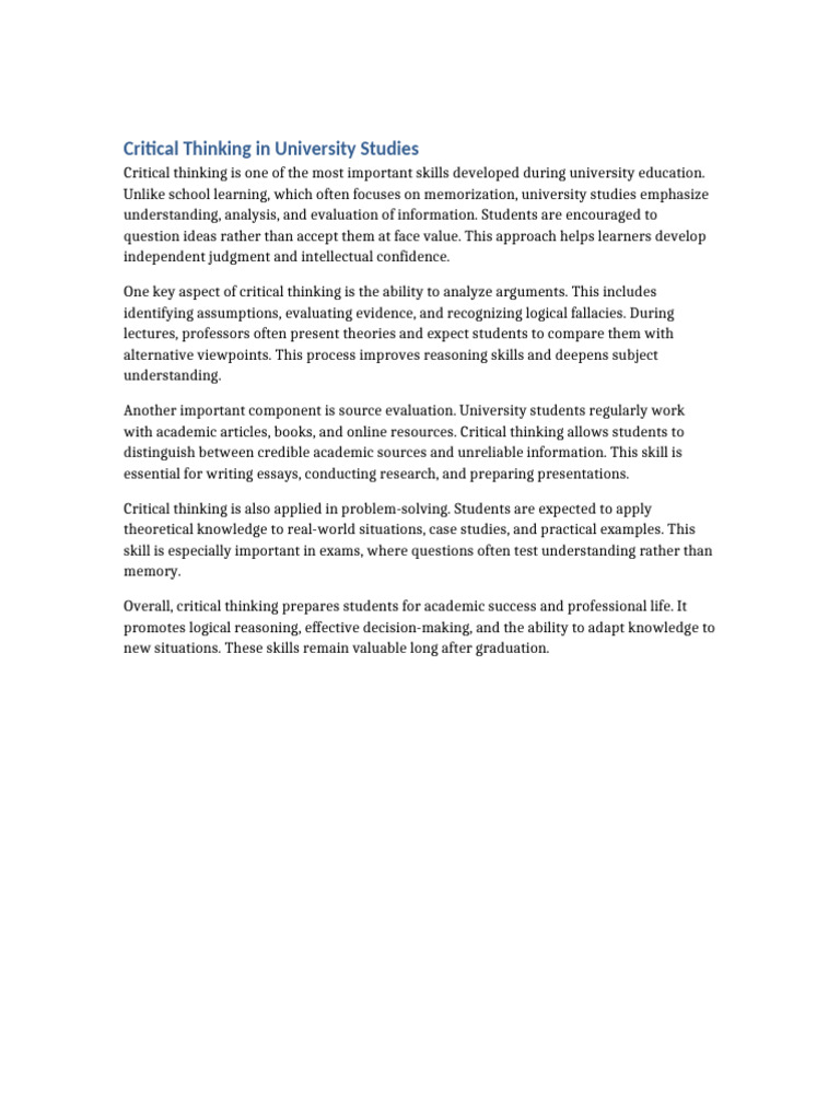 Critical Thinking in University Studies 2700chars | PDF