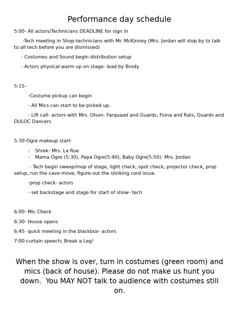 Performance Day Schedule for Cast & Crew | PDF