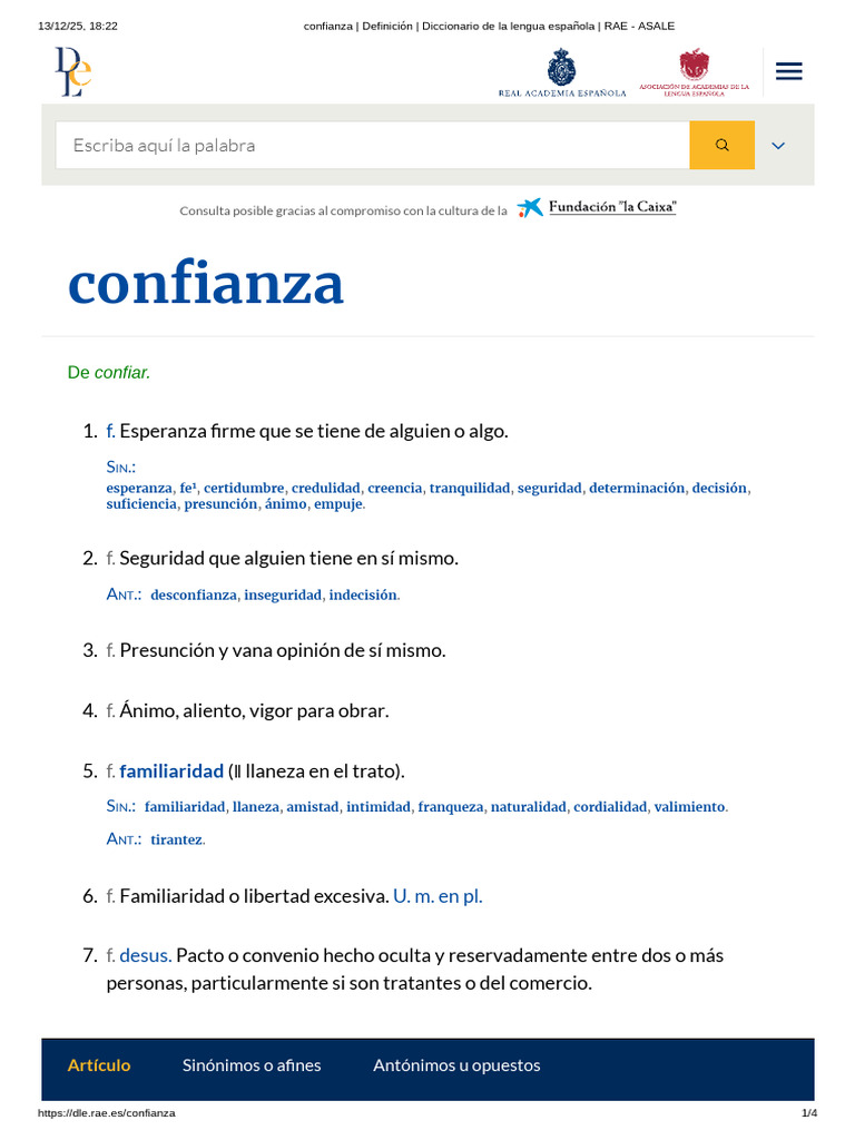 Definición de "confianza" en español | PDF | Diccionario | Lingüística