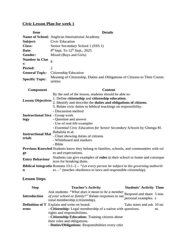SS 2 Civic Lesson Plan Term 1 | PDF