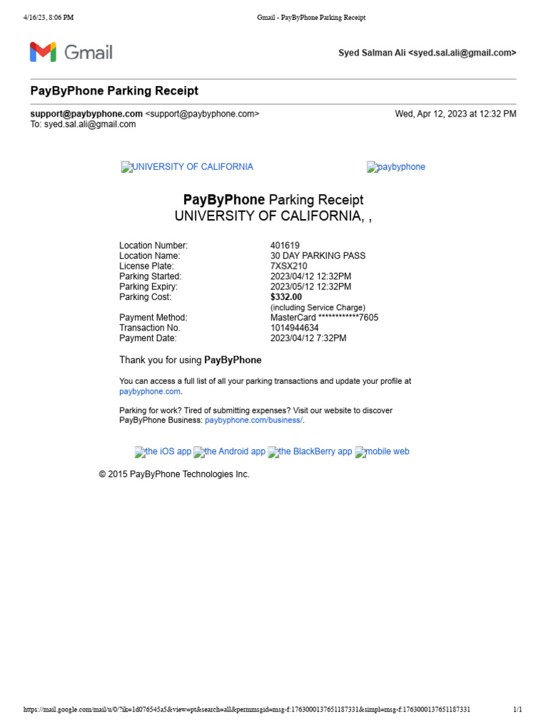 PayByPhone Parking Receipt Details | PDF