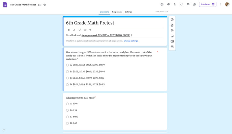 6th Grade Math Pretest - Google Forms | PDF
