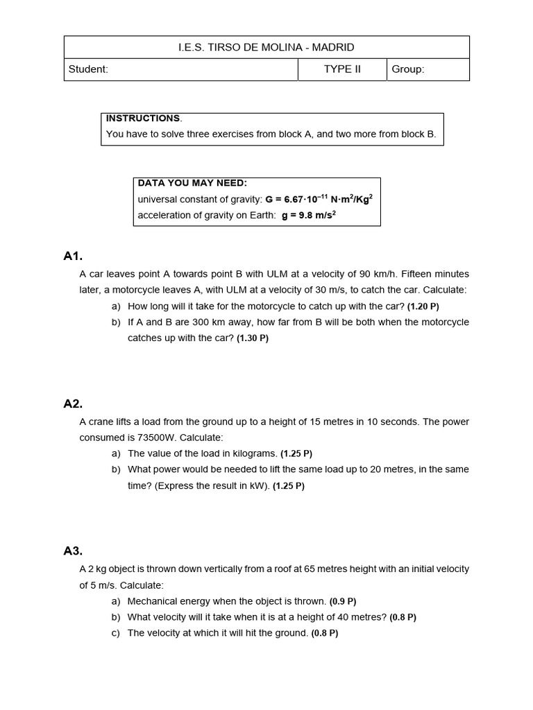 Physics Exercises for Students | PDF | Velocity | Force