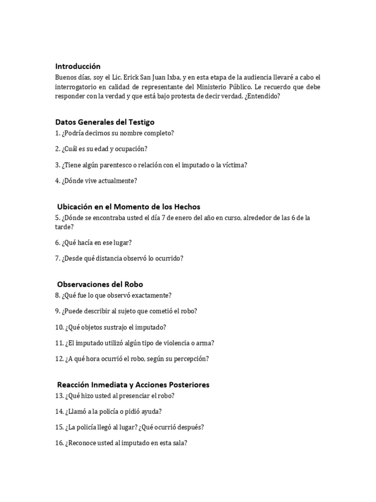Guion Interrogatorio Testigo Robo | PDF