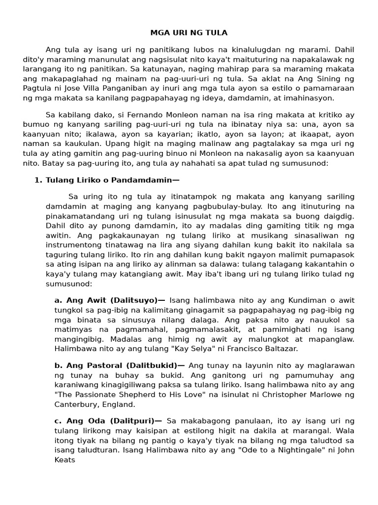 Mga Uri NG Tula | PDF