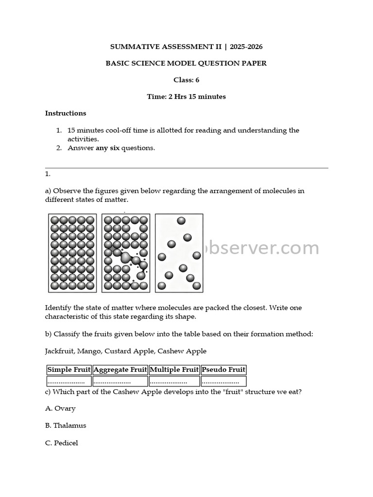 Kerala Class 6 Second Term Christmas Exam Model Question Paper-Basic Science | PDF | Cell ...