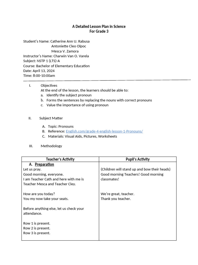 Grade 3 Science Lesson Plan on Pronouns | PDF | Pronoun | Lesson Plan