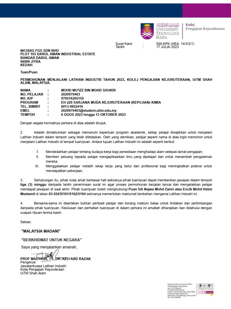 Official University Letter - Nichias Fgs | PDF
