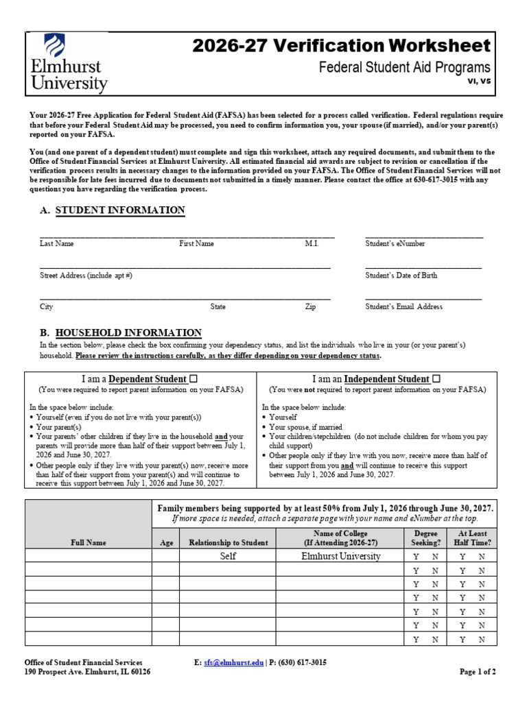 2026-27 FAFSA Verification Worksheet | PDF | Taxes | Government Finances