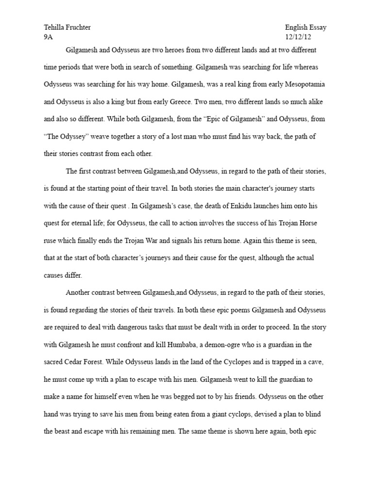 Gilgamesh and Odysseus Compare and Contrast Essay | PDF | Odyssey | Quest