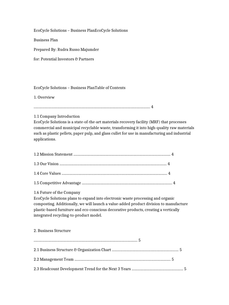 EcoCycle Business Plan Integrated | PDF | Recycling | Waste Management