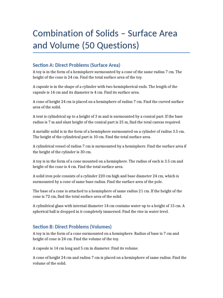 Combination of Solids Practice Questions | PDF | Sphere | Area