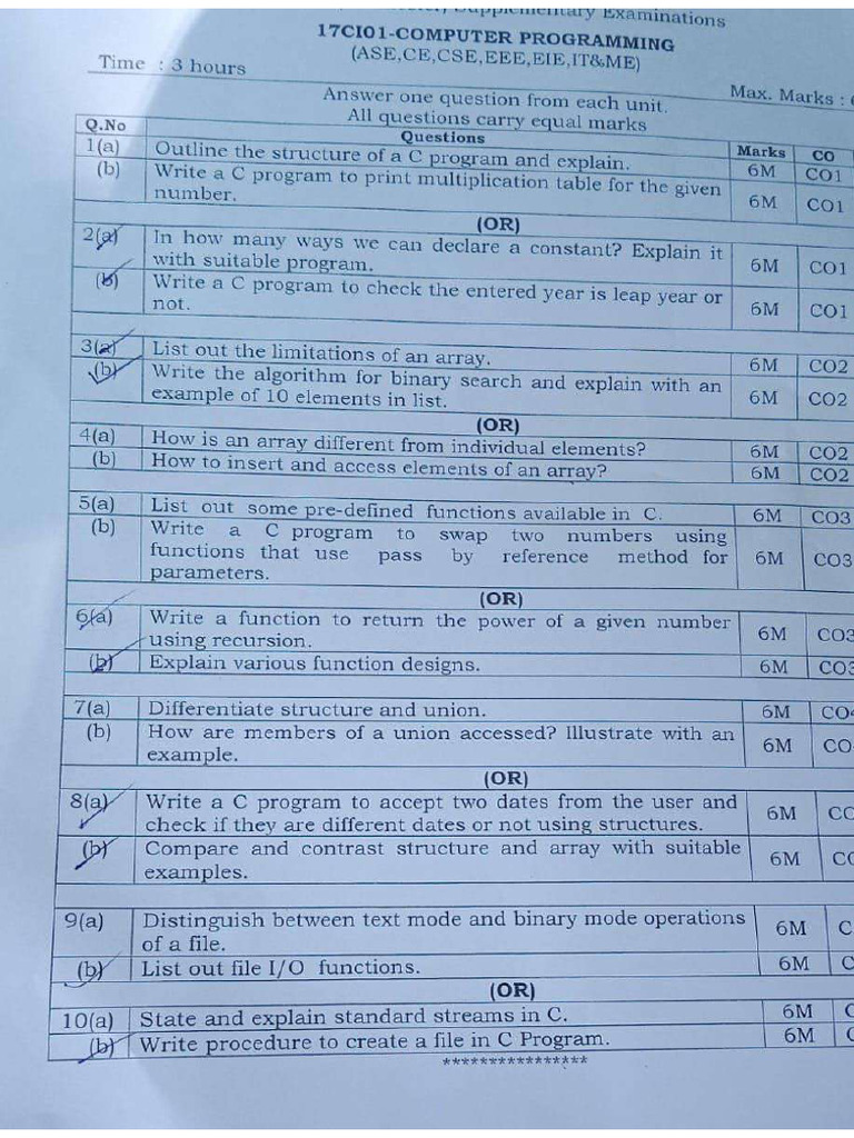C Programming Previous Question Papers | PDF
