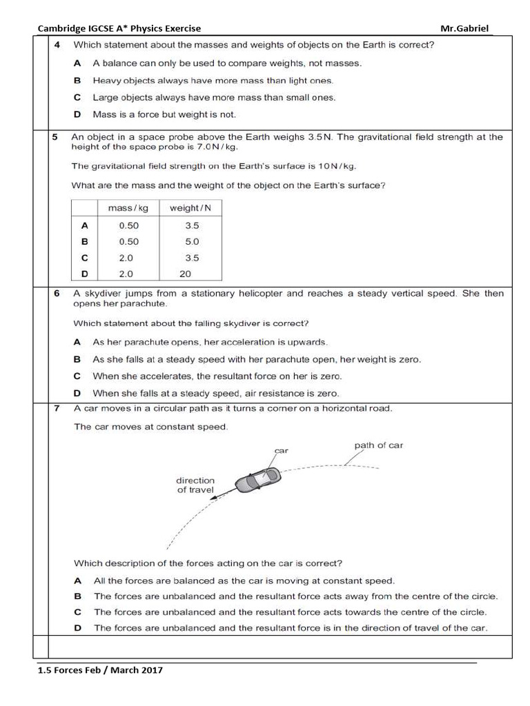 Cambridge IGCSE A* Physics Forces Exercises | PDF
