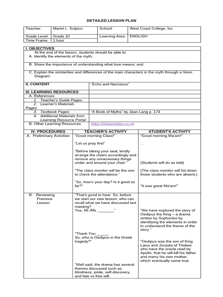 Detailed Lesson Plan (Narcissus and Echo) | PDF | Oedipus | Hera