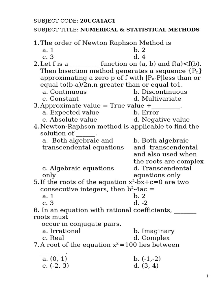 Numerical & Statistical Methods Quiz | PDF