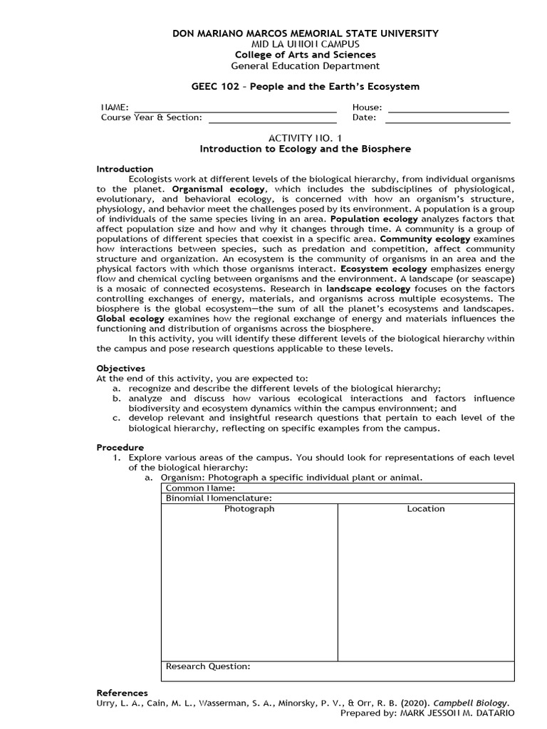 Activity Manual No 1. Introduction To Ecology and The Biosphere | PDF ...