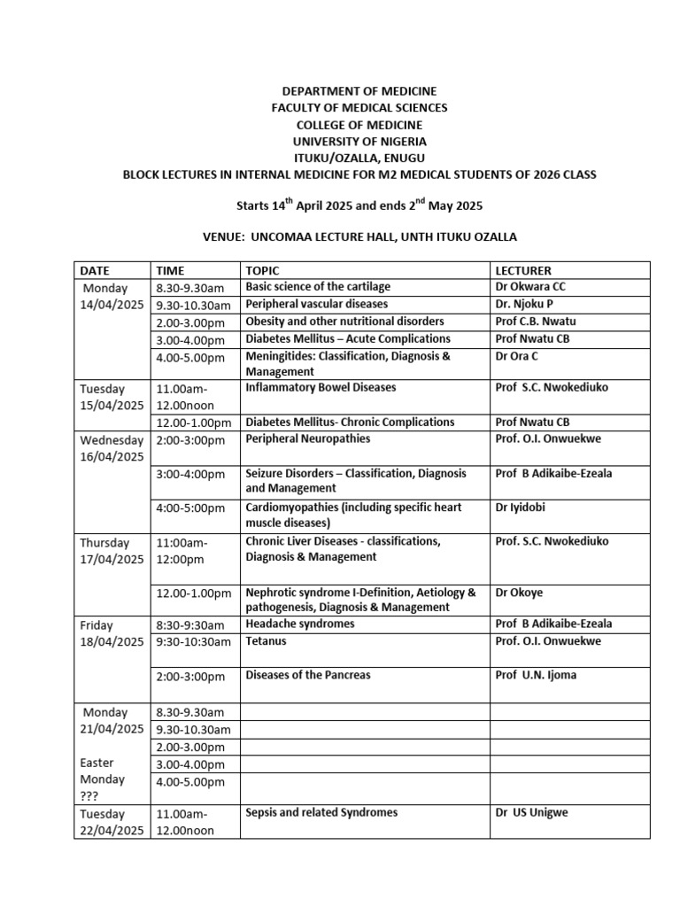 m2 Block Lectures Schedule For 2026 Class | PDF | Tuberculosis | Medicine