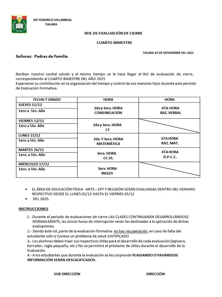 IV Bimestre Rol de Examenes | PDF