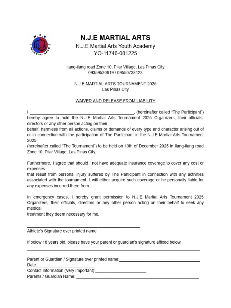N.J.E MARTIAL ARTS WAIVER & MEDICAL FORM | PDF | Civil Law (Legal ...
