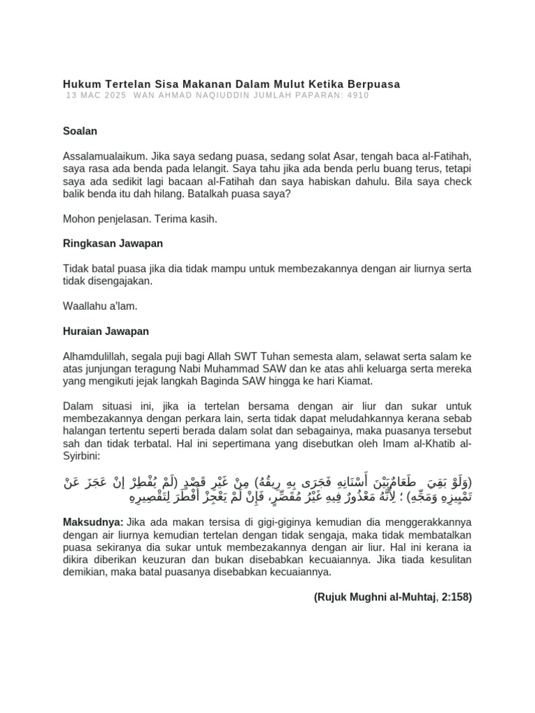 Hukum Tertelan Sisa Makanan Dalam Mulut Ketika Berpuasa | PDF